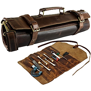 RUSTIC TOWN Leather Knife Roll Storage Bag With Tool Roll Up Pouch Travel-Friendly Chef Knife Case Roll