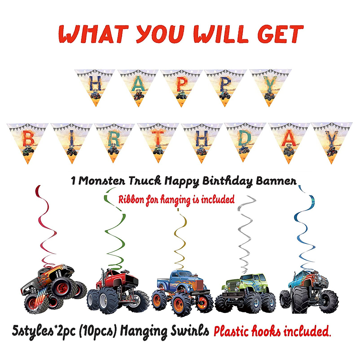 Monster Truck Birthday Party Supplies Pack Monster Truck Party Decorations including Triangle Monster Truck Happy Birthday Banner, 10pcs Monster Truck Hanging Swirls for Kid‘s Birthday