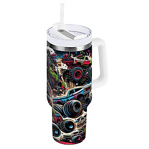 ALAZA Monster Trucks Cartoon Graffiti 40 oz Tumbler Stainless Steel Water Bottle Vacuum Insulated Cup with Straw Lid & Handle For Travel Car Cup Holder