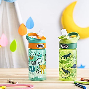 Zak Designs 16oz Riverside Kids Water Bottle with Spout Cover and Built-in Carrying Loop, Made of Durable Plastic, Leak-Proof Design for Travel (Dino Camo & Safari, Pack of 2)
