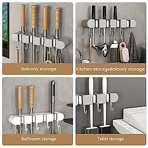 VALINK Brooms and Mop Holder Wall Mounted, Brooms Hanger for Home Garden Garage and Storage (4 Racks with 5 Hooks) White