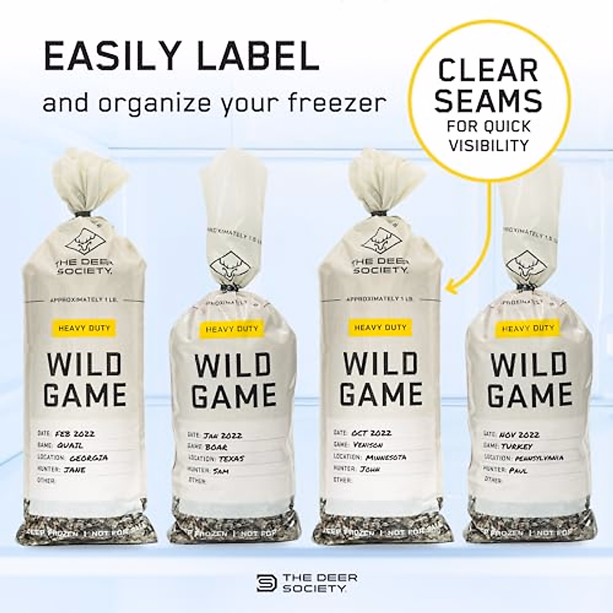 [50 pk] Extra Strong, 2X Thick Wild Game Bags for Freezer Storage 1.5lb by Deer Society - Meat Bags for Your Ground Meat Packaging System - Processing Bags to Protect Your Game Meat from Freezer Burn