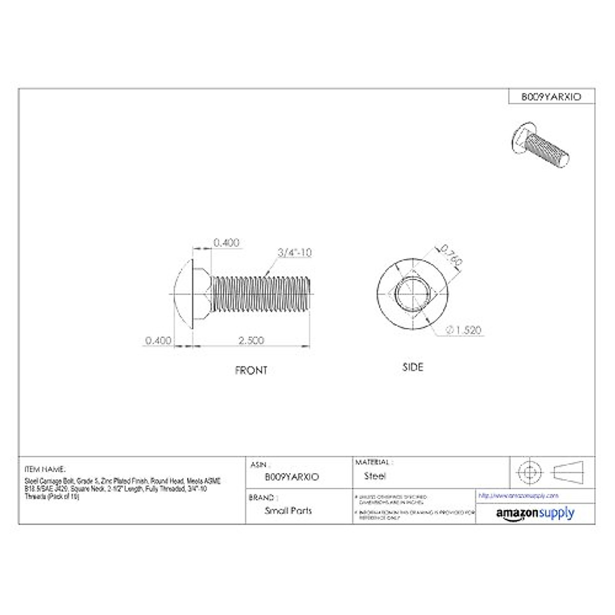 Steel Carriage Bolt, Grade 5, Zinc Plated Finish, Square Neck, Round Head, Meets ASME B18.5/SAE J429, 1-3/4" Length, Fully Threaded, 1/2"-13 UNC Threads (Pack of 10)