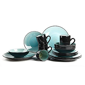 HomeVss Sonoma 16 Piece Stoneware Dinner Set, Outside Black + Inside Handpainted Color Turquoise with speckle
