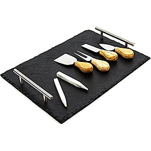 Slate Cheese Board Set - Deluxe Cheese Serving Tray with Stainless Steel Handles - Includes 4 Cheese Knives and 2 Soapstone Chalks - Great for Home & Restaurant Cheese Tapas & Appetizers Serving