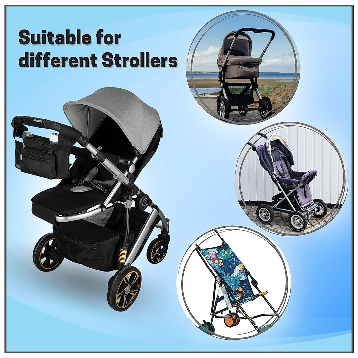 Stroller Organizer - Diaper Caddy Organizer with Insulated Cup Holder, Detachable Zipper Pouch with Phone Holder, Compact Design Fit to All Stroller