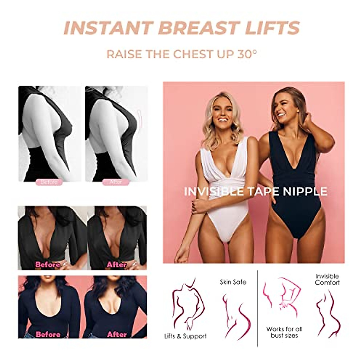 STPRO BoobTape Boobytape for Breast Lift -Achieve Chest Brace Lift-Waterproof Sweat-Proof Bob Tape-2in x16.4ft x2pcs and 5 Pairs Nipple (beige, 2roll)