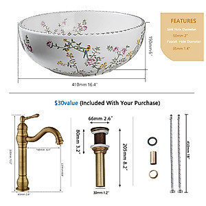 Sinku Mccut Ceramic Bathroom Vessel Sink with Faucet and Drain Combo Artistic Hand Painted Round Bathroom Sink Bowl Above Counter Batnroom Sinks