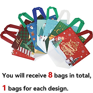 Qirrmiy 8-Pack Large Christmas Gift Bags With Handle, Reusable Non-Woven Holiday Bags, Red, Green and Blue Tote Bags for Xmas Party Favors Holiday Presents and Decorations 12.8” x 9.8&quot; x 6.7”, 8 Pcs