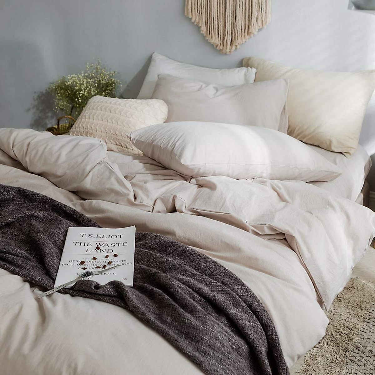 Beige Duvet Cover King, 100% Natural 3 Pieces Washed Cotton Beige Bedding Set, Solid Color Casual Style Duvet Cover, with Zipper Closure Ties, Ultra Soft Comfy Natural Wrinkled (Beige, King)