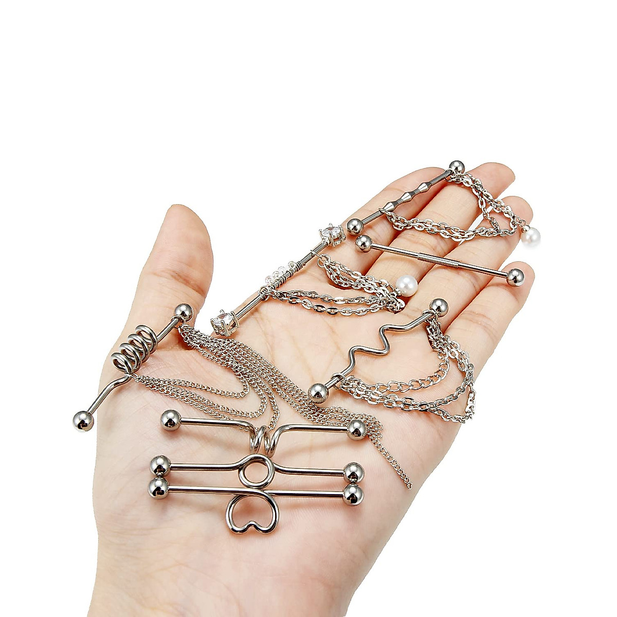 Goerhsjie Industrial Piercing Jewelry 14g Industrial Chain Earrings for Women 14 Gauge Long Industrial Bar Piercing Cute Silver Surgical Steel Industrial Barbell