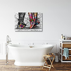 Framed Banksy & Graffiti Pop Shoe Sneaker Canvas Wall Art For Store Playroom Cool Dorm Room Decor Lovers Abstract Prints Gift For Boy & Girl Couple Ready To Hang - 12"x16"