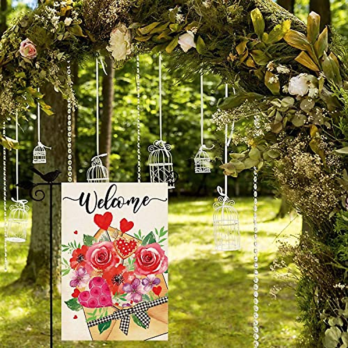 ORTIGIA Valentines Day Sending Love Garden Flag 12x18 Inch Vertical Double Sided Envelope Rose Heart Flowers Flag for Outside Yard Anniversary Wedding Party Yard Outdoor Decoration