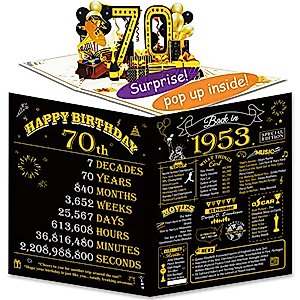 70th Birthday Pop Up Cards for Women or Men, 3D Greeting Card with Gilding Poster Cover, Funny 70th Birthday Gifts Idea for Party Supplies, Unique 70 Year Anniversary For Mom Dad, Back In 1953, Jumbo