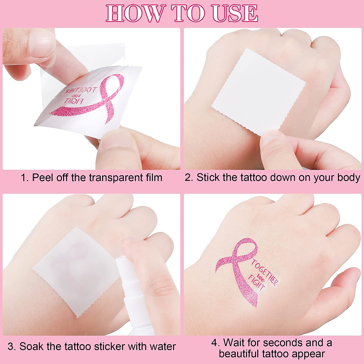 ADXCO 144 Pieces Pink Ribbon Glitter Tattoos Waterproof Breast Cancer Awareness Temporary Tattoos Skin Safe Pink Ribbon Tattoos Sticker for October Breast Cancer Awareness Month