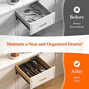 Lifewit Utensil Drawer Organizer, Expandable Cooking Silverware Tray for Kitchen Drawer, Adjustable Cutlery Flatware Holder, Plastic Spatula Tools and Gadgets Storage Divider, 3 Compartments, Black