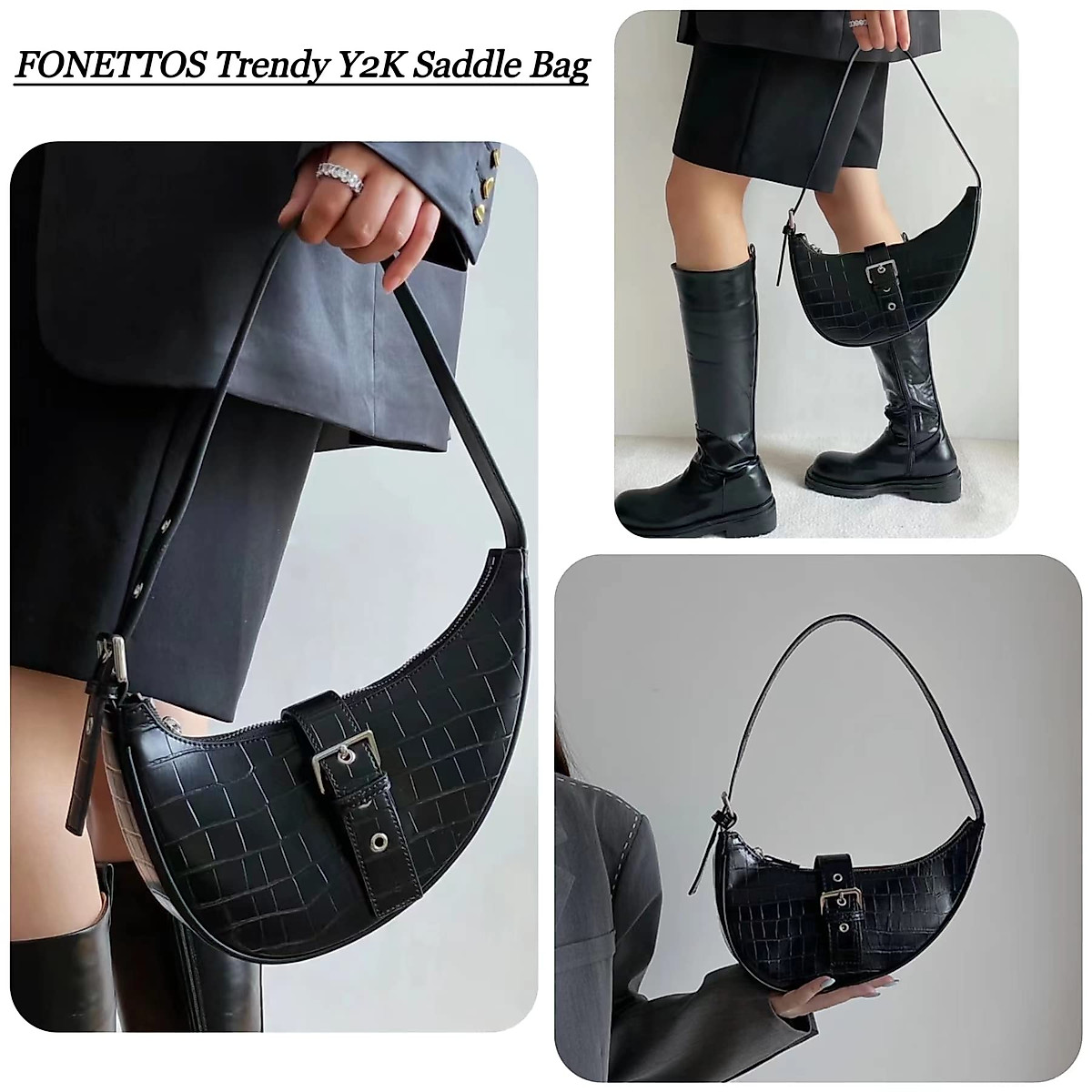 FONETTOS Y2K Saddle Hobo Bag, Women Shoulder Purse Moon Bag Handbag Fashion for Girls