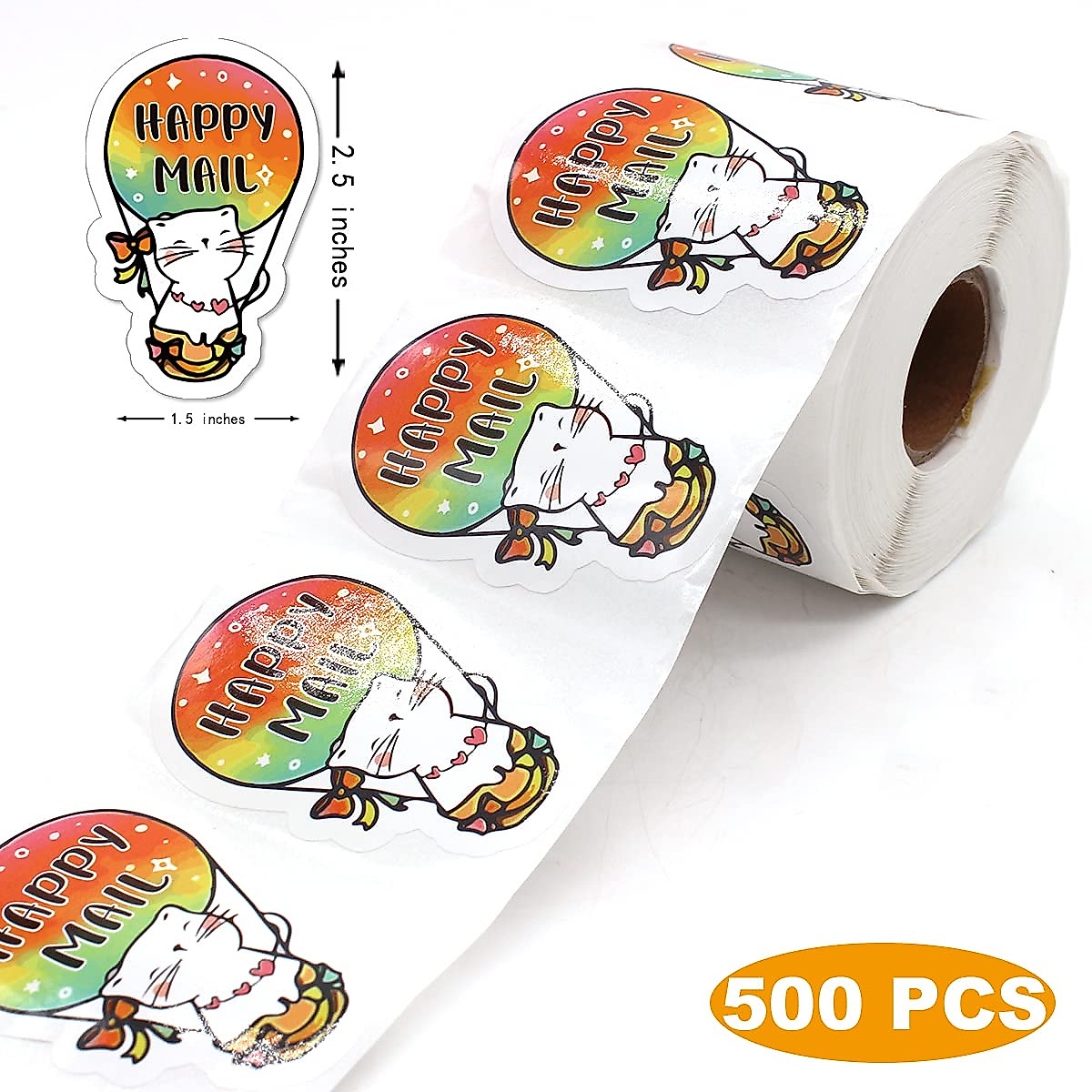 Muminglong 1.5 Inch Happy Mail Cat Sticker,Mail Sticker,Mail Carrier Sticker, Small Business, Handmade Sticker,Packaging Sticker, 500 PCS