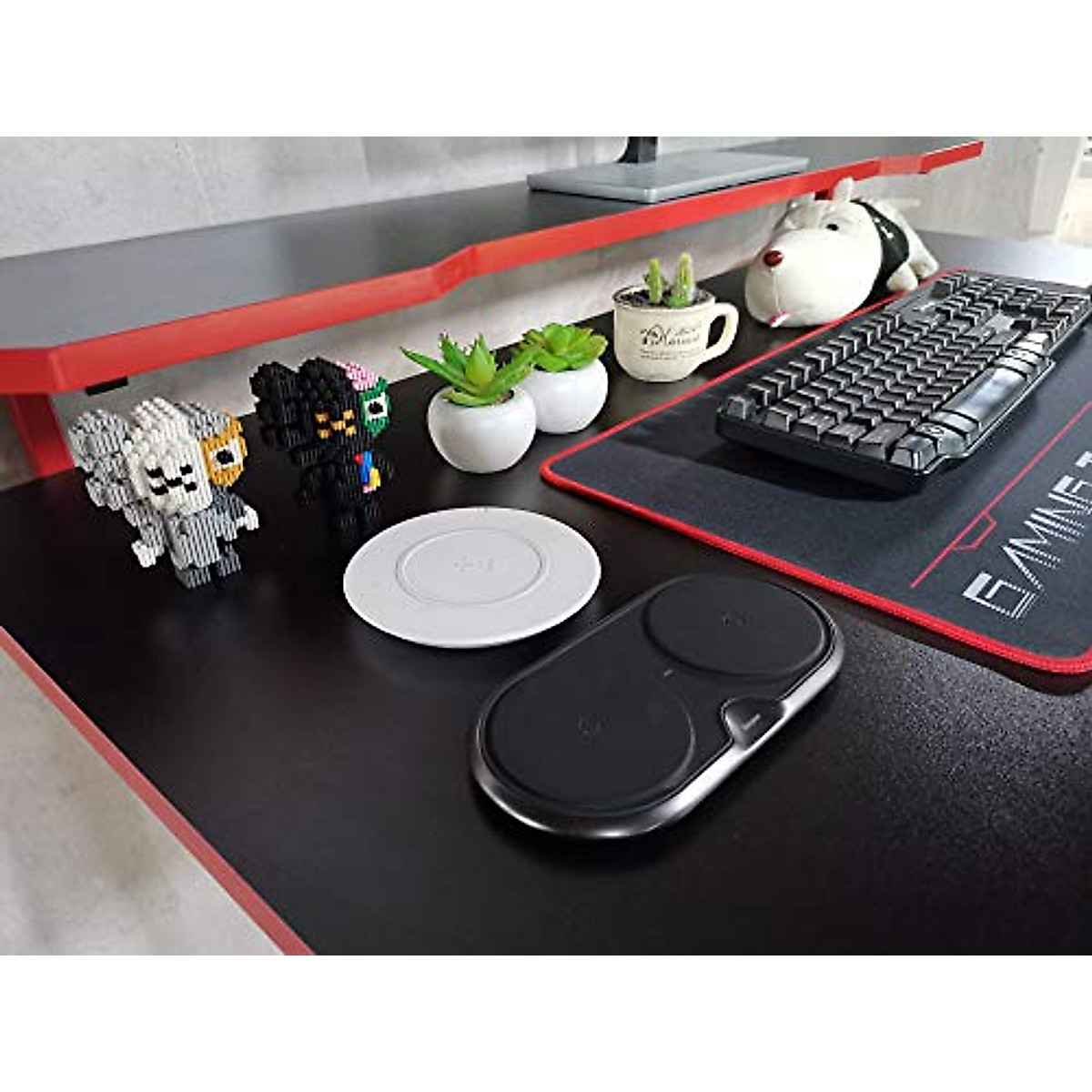 JJS 48" Home Office Gaming Computer Desk with Removable Monitor Stand, R Shaped Large Gamer Workstation PC Table with Cup Holder Headphone Hook Speaker Storage Free Mouse pad, Black/Red