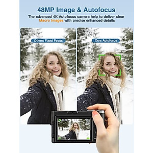 4K Digital Camera, 48MP Autofocus Video Camera with 3" 180°Flip Screen 32GB SD Card, 16X Digital Zoom, Compact Recorder Vlogging Cameras for YouTube with Built-in Mic, 2 Batteries for Beginners