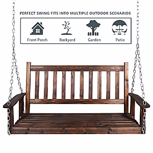 MUPATER Outdoor Patio Hanging Wooden Porch Swing 4FT with Chains, 2-Person Heavy Duty Swing Bench for Garden and Backyard, Black