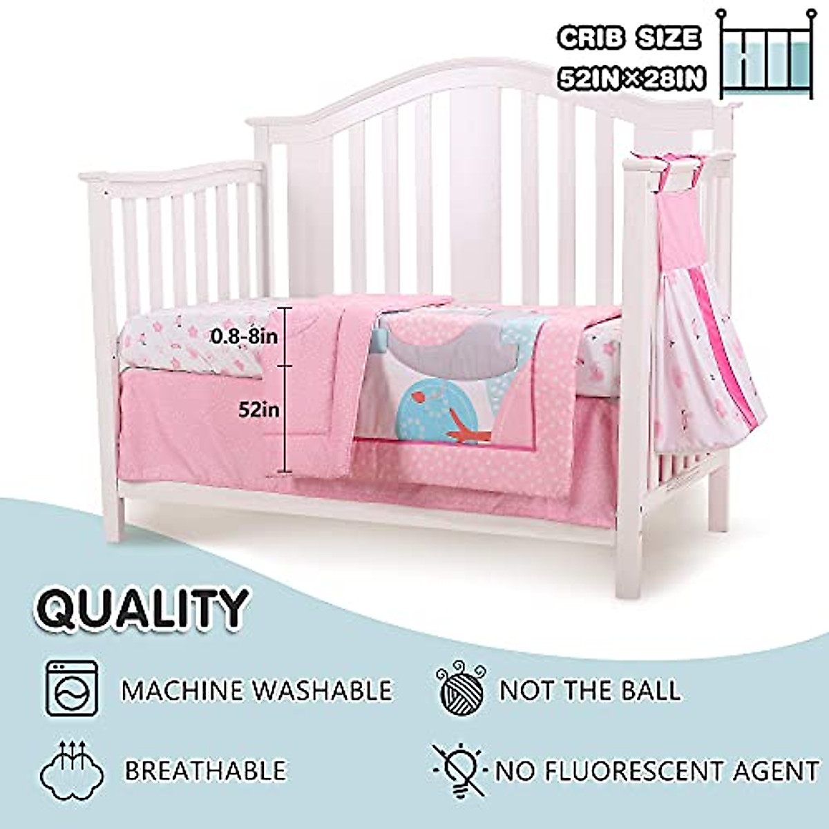 Honkaii Elephant Crib Bedding Set 4Pcs for Girls with Comforter Fitted Sheet Crib Skirt Diaper Stacker, Machine Washable, Suitable for 28 x 52 Inch Cribs, Lovely Nursery Crib Sets for Baby(Pink)