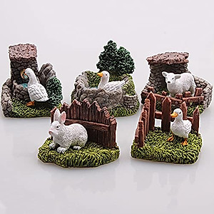 X Hot Popcorn Mini Animals Bunny Miniature Figurines Fence Rabbit Duck Sheep Model Fairy Garden Miniature Moss Landscape DIY Terrarium Crafts Ornament Accessories for Home Decoration, Set of 5