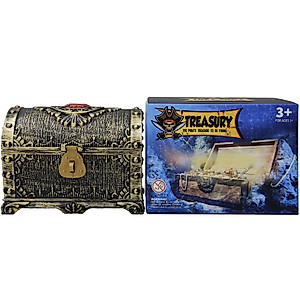 Flyekist Kids Pirate Treasure Chest Storage Box,Red Rhinestone Inlaid Top Decorative Pirate Chest with Lock and Key for Kids Birthday,Halloween, Christmas Pirate Party Favors