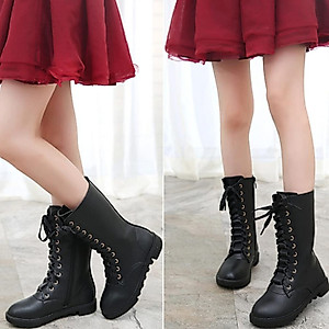 DADAWEN Kid's Girls Leather Lace-Up Zipper Mid Calf Combat Riding Winter Boots (Toddler/Little Kid/Big Kid) Black US Size 4.5 M Big Kid