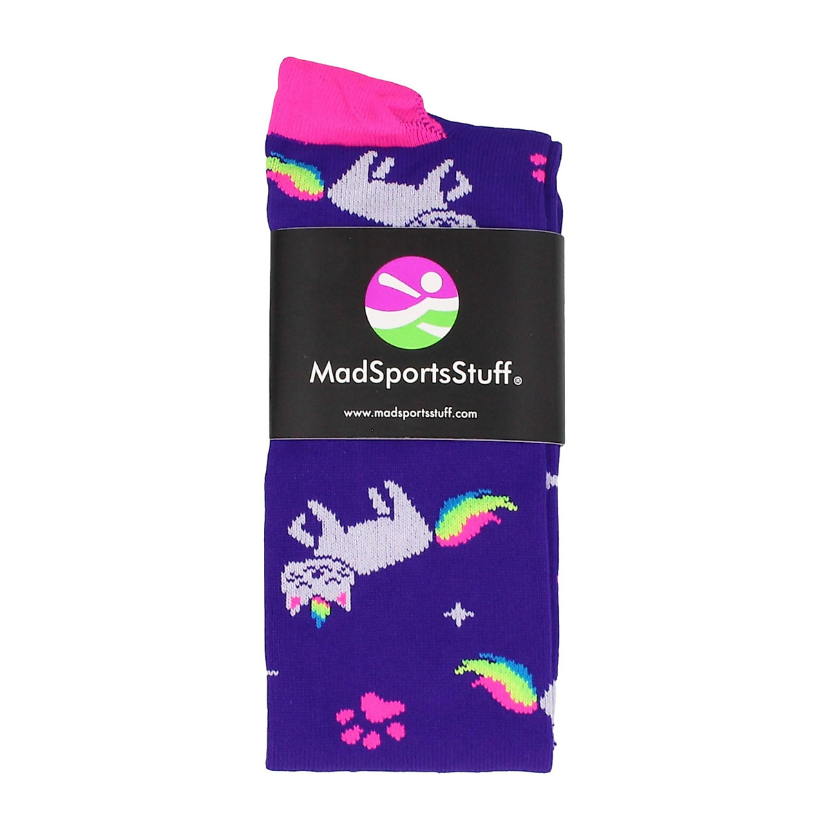 MadSportsStuff Neon Rainbow Caticorn Over the Calf Socks (Purple/Neon Pink, Small)