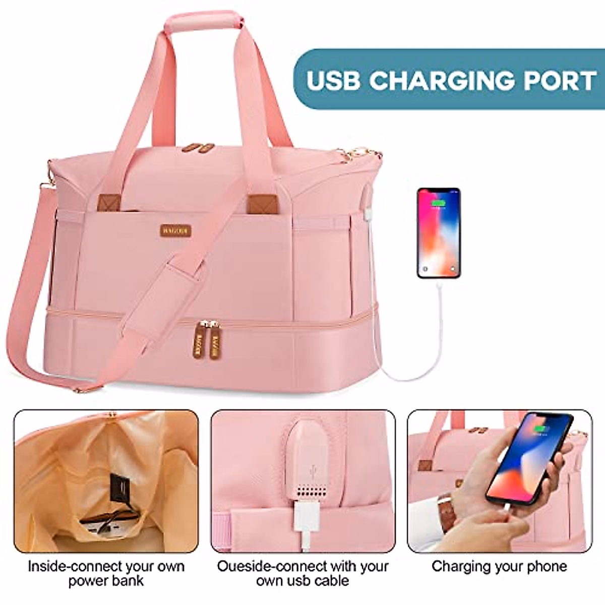 BAGODI Gym Bag for Women, Weekender Overnight Bag with USB Charging Port, Sport Travel Duffel Bag with Wet Pocket & Shoe Compartment, Carry on Tote Bag for Travel/Gym/School 5 Pcs Set