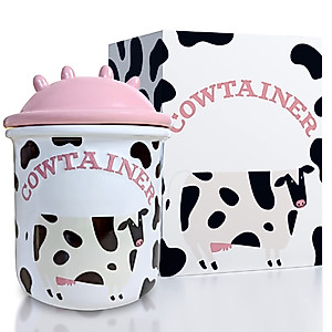 Cow Cookie Jar for Kitchen Counter Airtight Lids - Cute Ceramic Cow Gifts for Cow Lovers - Non Scratch Cow Print Stuff Gifts for Women - Food Storage Containers Cow Decor For Christmas (Large 8" x 6")