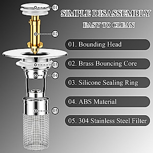 Ponpon 2pcs Bathroom Sink Stopper, Basin Pop Up Bathroom Sink Drain Strainer, Universal Drain Hair Catcher with Removable Filter Basket for 1.1-1.3 Inch