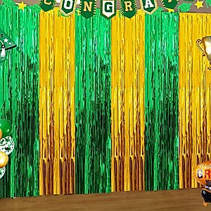2025 Graduation Green Gold Party Decoration Foil Fringe Curtains, Green Gold Photo Booth Prop Streamer Backdrop for St. Patrick's Day Birthday Beach Party Decoration (3 Pack)