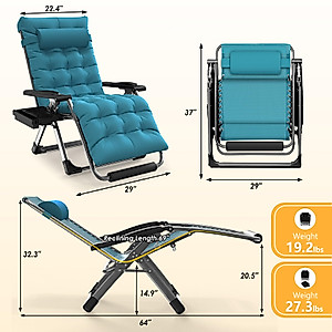 Slendor Oversized Zero Gravity Chairs XL, 29IN Padded Anti Gravity Chair, Zero Gravity Lounge Chair, Folding Reclining Patio Chair w/Aluminum Alloy Lock, Headrest, Cup Holder, Light Blue