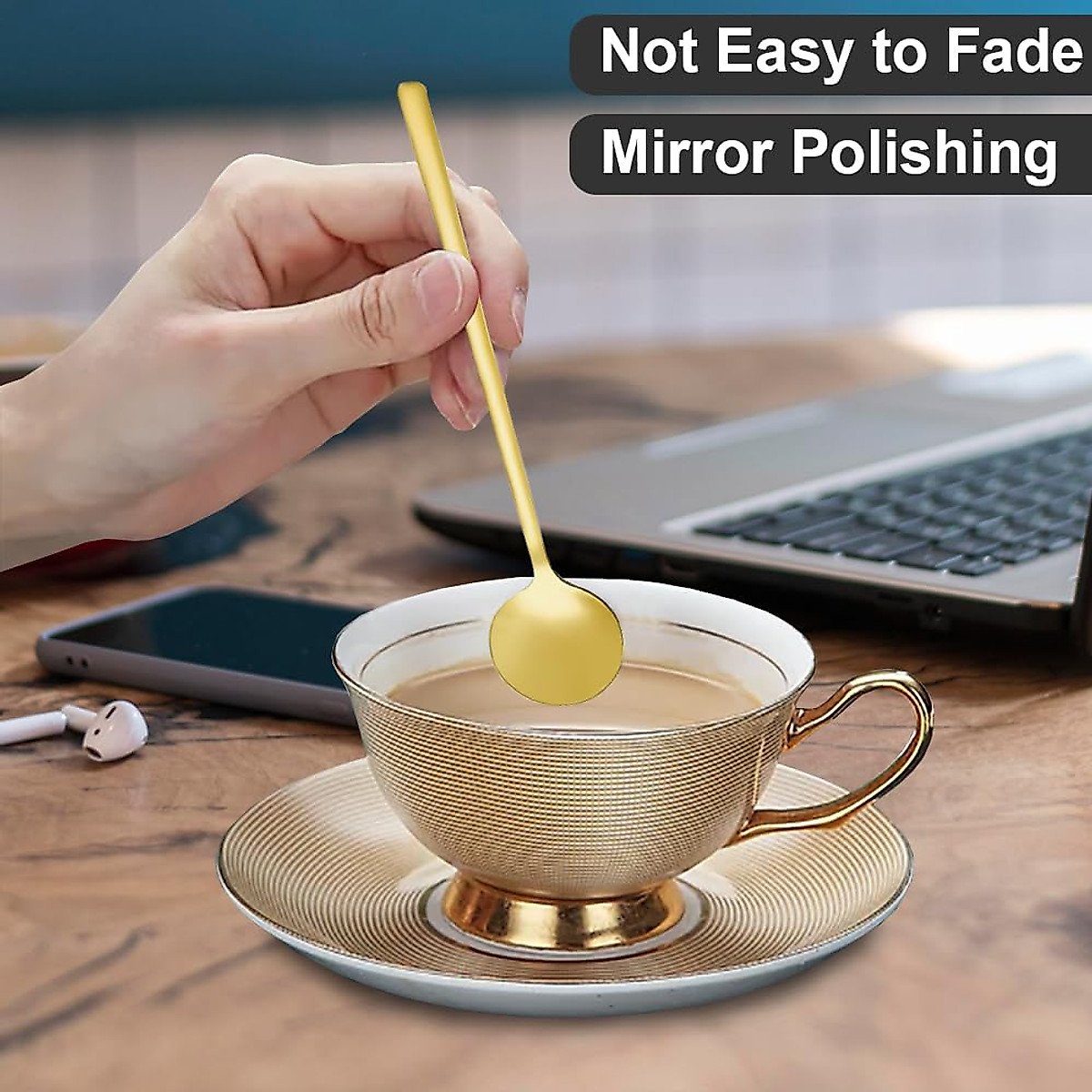 Monovatives Espresso Gold Plated Small Coffee Spoons with Long Handle for Stirring, Stainless Steel Long Handle coffee Spoon Pack of 8 for Tea Coffee Dessert Cake Ice Cream Soup Cappuccino, 5.3 inch