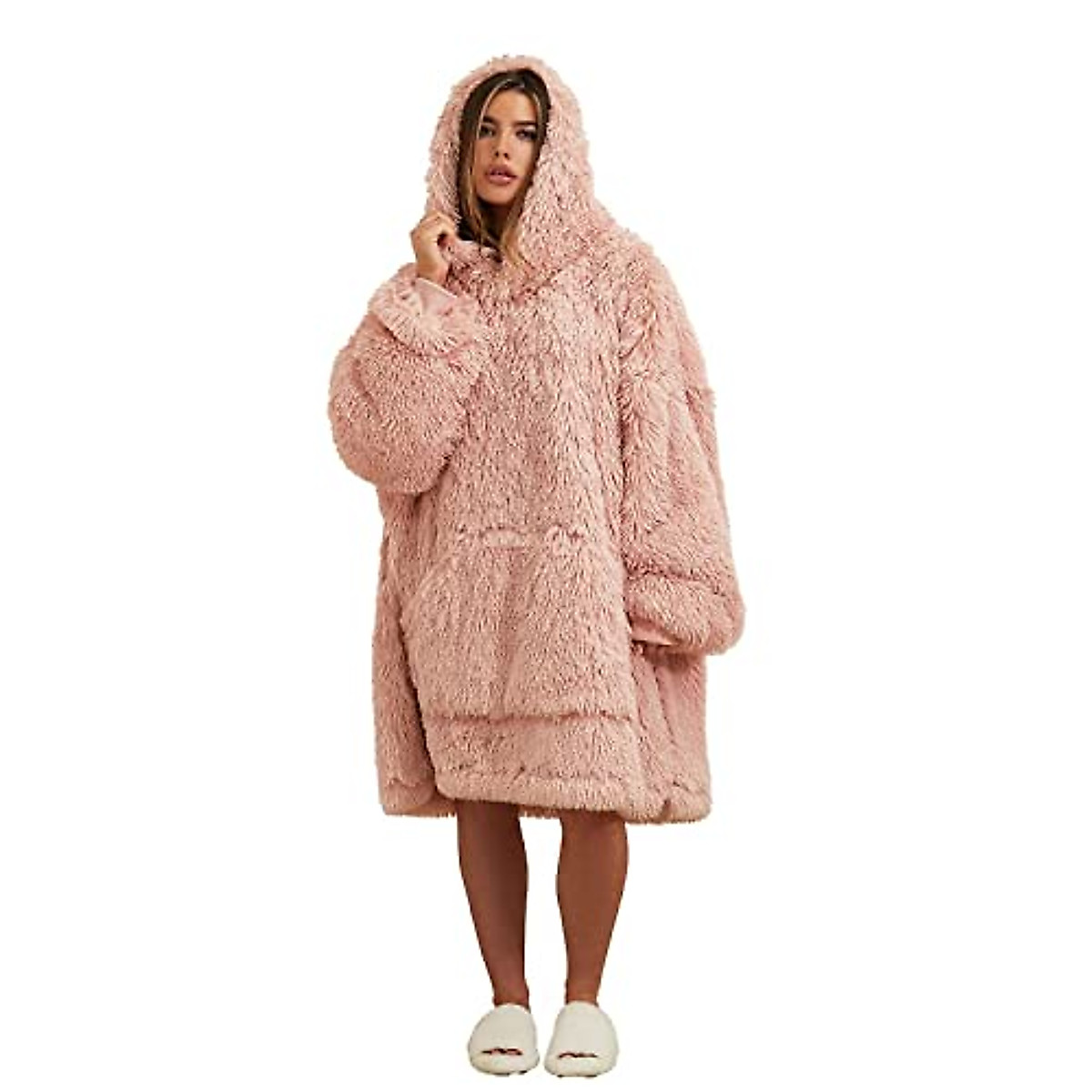 Sienna Fluffy Long Fibre Fleece Sherpa Lined Super Soft Hoodie Blanket Adults Oversized Giant Christmas Jumper Gift Throw - Blush Pink