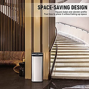 Square Stainless Steel ELPHECO 8 Gallon Sensor Trash Can with Lid, 30 Liter Automatic Kitchen Garbage Can, Slim Metal Trash Can for Home, Hotel, Office Building, Public Places
