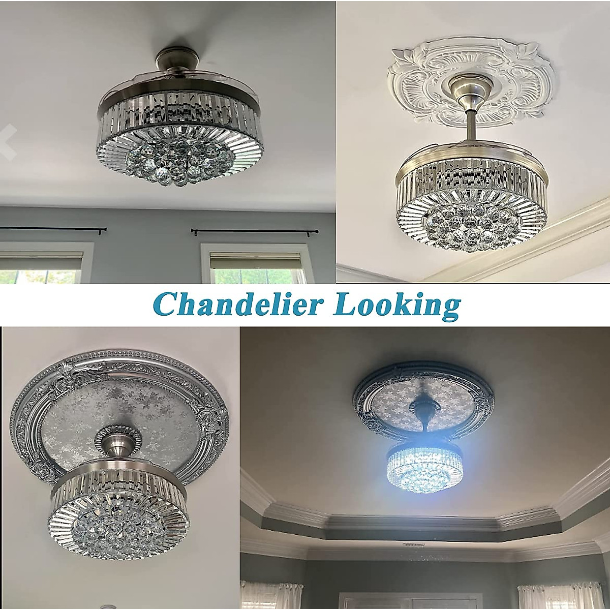 RuiWing 42'' Modern Fandelier Crystal Ceiling Fan with LED Light and Remote Control 3 Light Changes 3 Speeds Noise-Free Chandelier Ceiling Fan for Bedroom Indoor Living Room