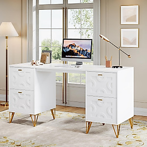 Tribesigns White and Gold Desk with Drawers, 59'' Modern Computer Desk with File Drawers, Work Desk with Storage, Simple Wood Desk with Gold Legs, Large Workstation for Home Office