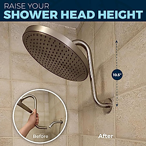 ALL METAL 10.5" S-Shaped Shower Arm - CHROME - High Rise Shower Head Riser - Universal Compatibility - Perfect for Tall People & Rain Shower