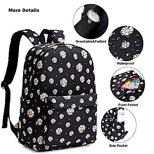 Kouxunt Daisy Girls School Backpacks for Kids Teens, 3-in-1 School Bag Bookbags Set with Lunch Bag Pencil Case (Black)