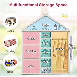 Costzon Kids Costume Storage Closet, Children Pretend Dresser Wardrobe, Open Hanging Armoire Closet with Storage Bins, Shelves, Side Baskets, Dress Up Center Clothing Organizer for Kids (White)