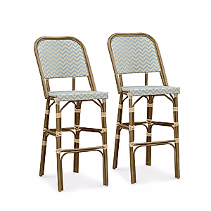 PURPLE LEAF French Bar Stool Set of 2 Outdoor Bar Patio Kitchen Counter Aluminum Frame Chair with Bamboo Print Finish Patio Bar Height Stool, Light Blue