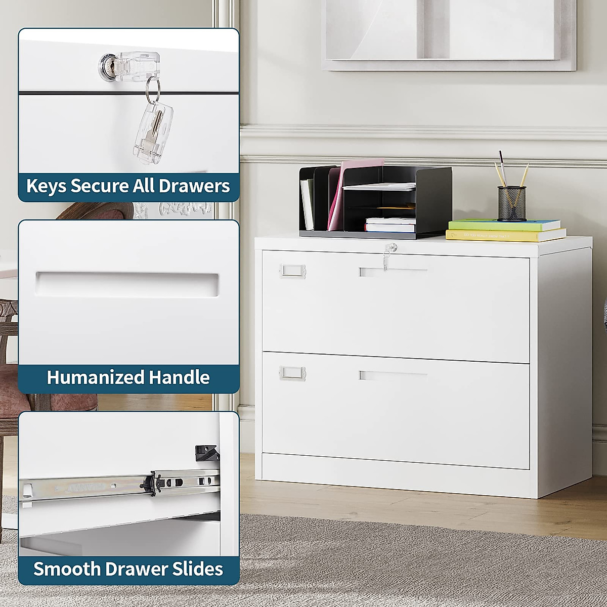 MIIIKO Lateral File Cabinet 2 Drawer with Lock, White Filing Cabinet Home Office, Large Deep Drawers Locked by Keys, for Hanging Folders Files Letter/Legal/F4/A4 Size