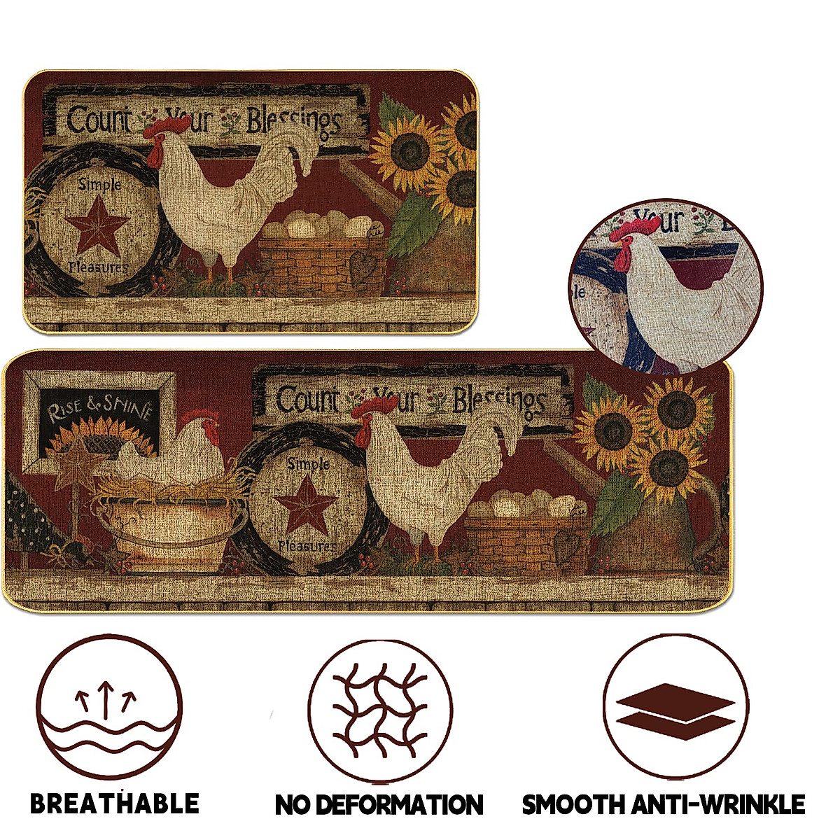 DXSHCG Farmhouse Decorative Kitchen Rugs and Mats Set of 2, Farm Rooster Non-Slip Kitchen Mats,Seasonal Holiday Party Sets Washable Low-Profile Floor Mats - 17x29 and 17x47 Inch