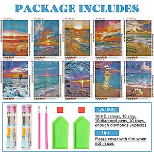 Tontut 10 Pack Diamond Painting Kits, Full Round Diamond Painting Crafts for Adults, DIY Diamond Art Landscape Beach Sunset Diamond Painting Home Wall Decoration 12x16inch