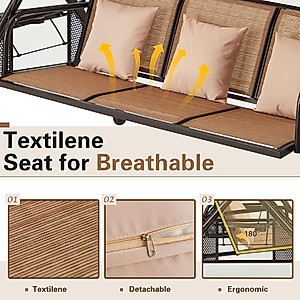 RYNSTO Outdoor Porch Swing with Adjustable Canopy, Backrest, 3-Person Patio Canopy Swing Textilene Bed with Side Cup Holder, Pillow for Garden, Deck, Back Yard, Lawn (Brown)