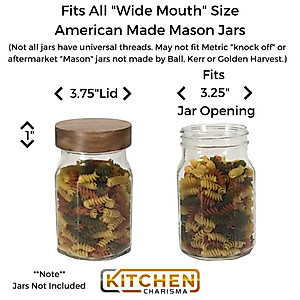 Kitchen Charisma Wooden 4 Mason Jar Lids Wide Mouth (Acacia Wood) - Custom Molded Screw Top Mason Jar Lid Set Storage Lids for Ball Jars Only
