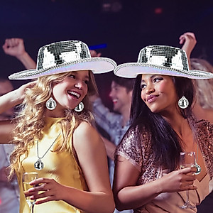 MAKCNMYM Disco Cowboy Hat Silver Cowgirl Hat With Disco Ball Necklace and Sparkly Mirrored Earrings Sequin Hat Women Bling Glitter Dance Cap for Girls Party Costume Accessories Cosplay Dress Up